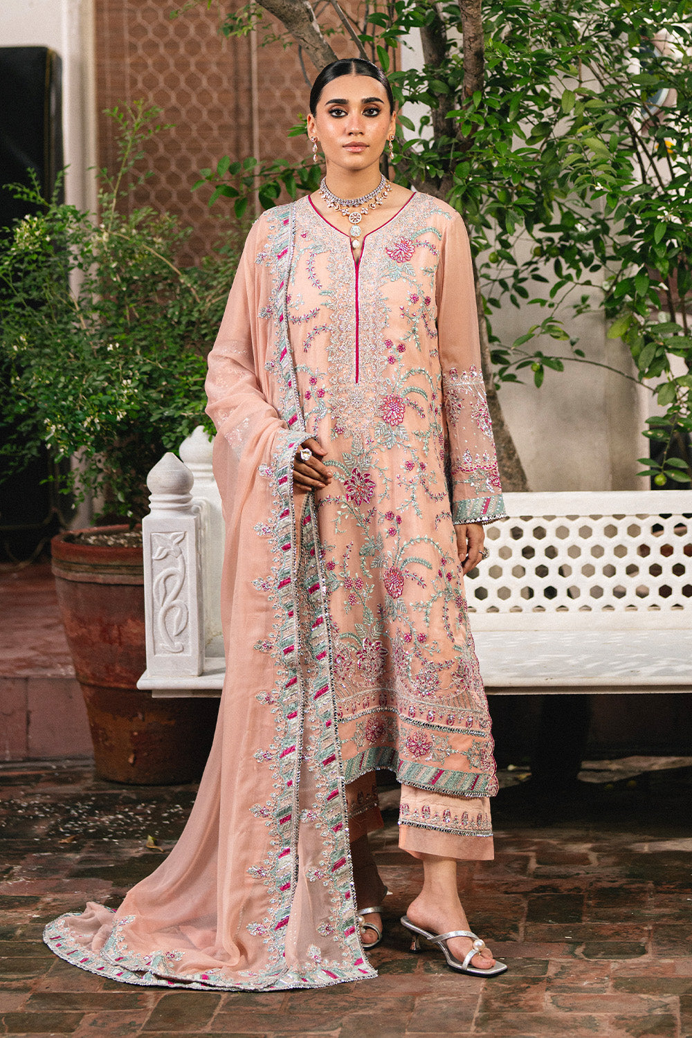 Maryum N Maria Pale Orange Embroidered Chiffon Dress | Unstitched Suits ...