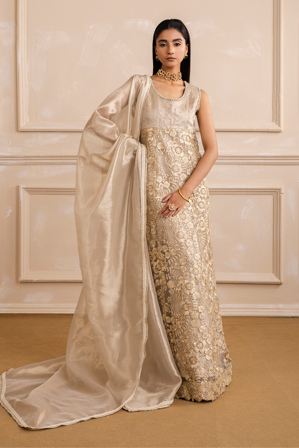 Toffee Tissue Gown with Pearl Embellishment | Maryum N Maria